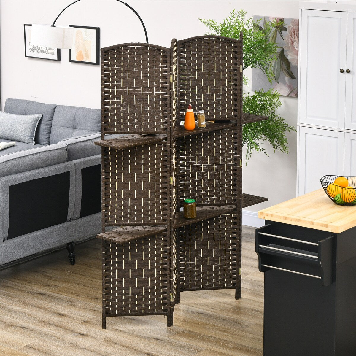 4 Panel Room Divider with 2 Shelves Folding Privacy Screen